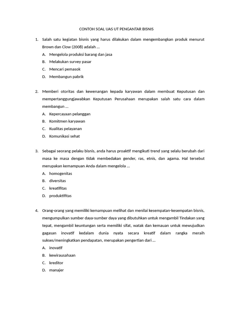Contoh Soal Uas Ut Pengantar Bisnis | PDF