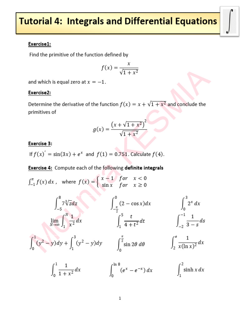 Tutorial 4 - Integrals&Differential Equations | PDF | Integral | Function (Mathematics)