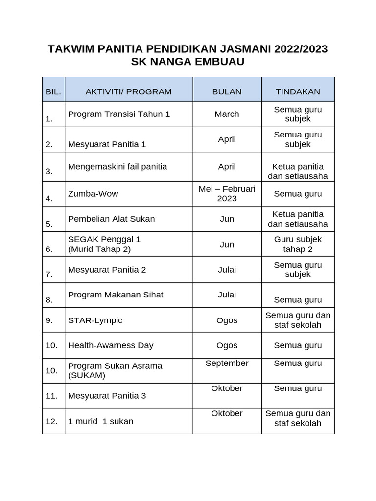 Takwim Panitia PJ 2022 2023 | PDF