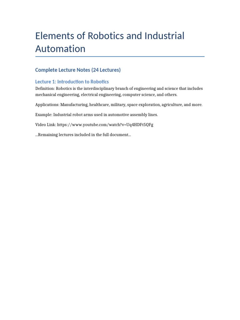 Elements of Robotics and Industrial Automation Notes | PDF