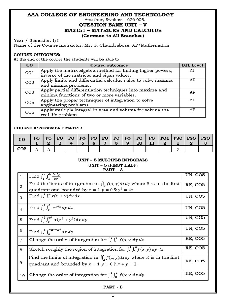 I Common To All Ma3151 Int V QB | PDF | Integral | Matrix (Mathematics)