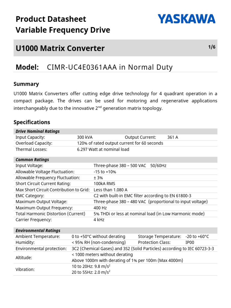U1000 Matrix Converter Datasheet | PDF | Power (Physics) | Electrical ...