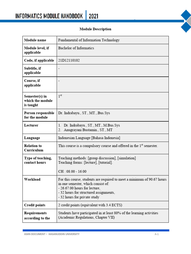 Module Handbook Fundamental of Information Technology A513c9e18f | PDF ...