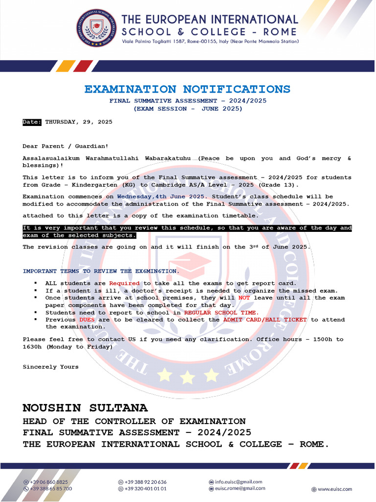 FINAL Summative Assessment 2025 - Exam Notification | PDF | Arabic