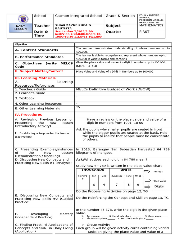 DLP-MATH4-Q1 - 2gives The Place Value and Value of A Digit | PDF | Learning | Differentiated ...