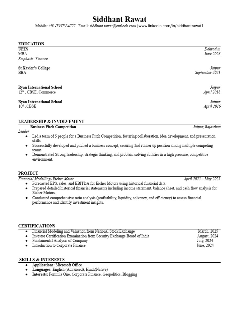 UPES - My Winning Resume Template-2 | PDF | Financial Economics ...