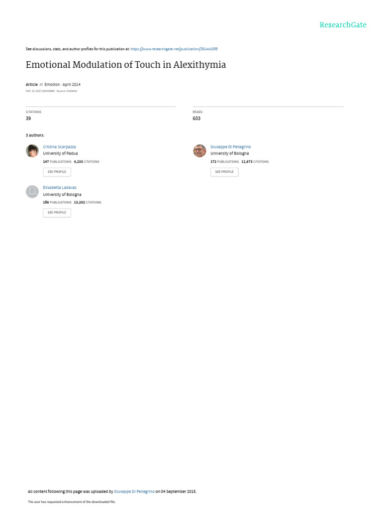 Emotional Modulation of Touch in Alexithymia | PDF | Somatosensory ...