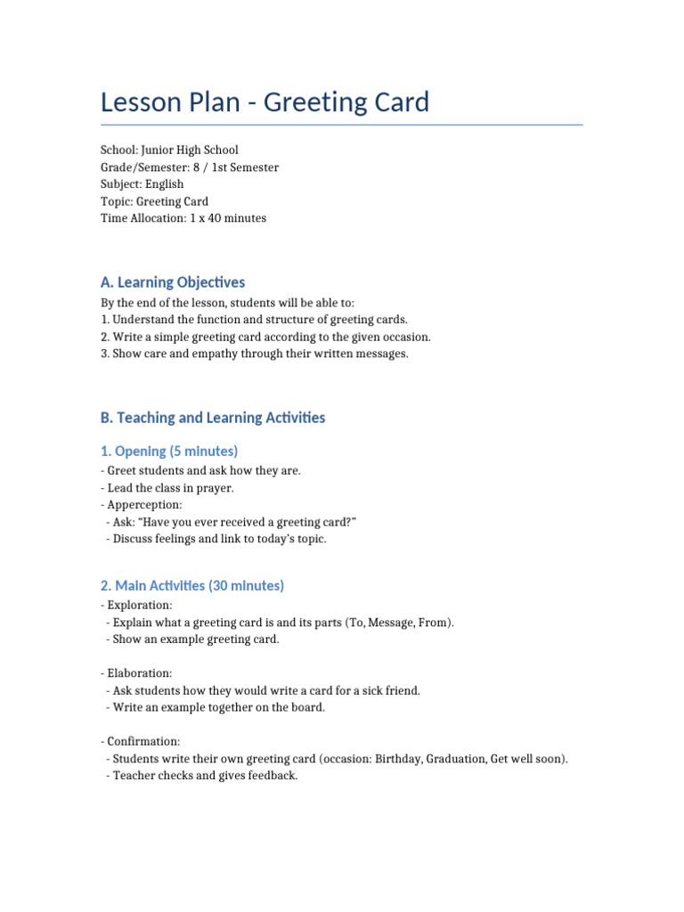 Lesson Plan Greeting Card | PDF