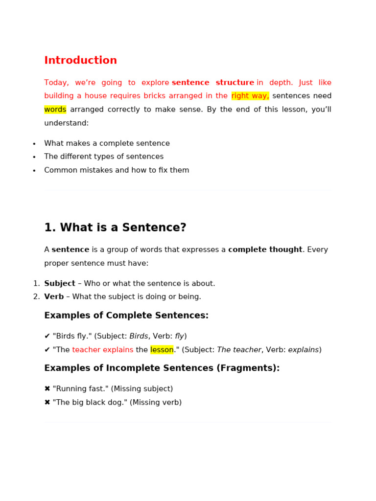 Sentence Structure Lec 1 | PDF | Subject (Grammar) | Sentence (Linguistics)