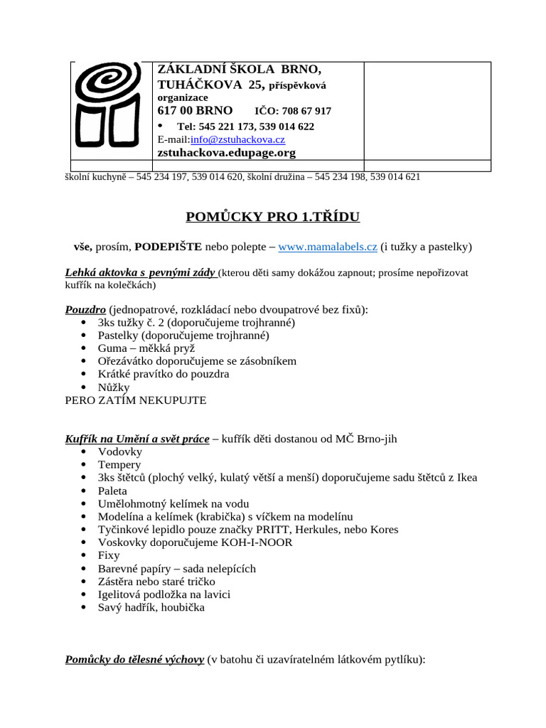 Pomucky Pro 1. Tr. 2025-26 Organizace 1.zari-1 | PDF