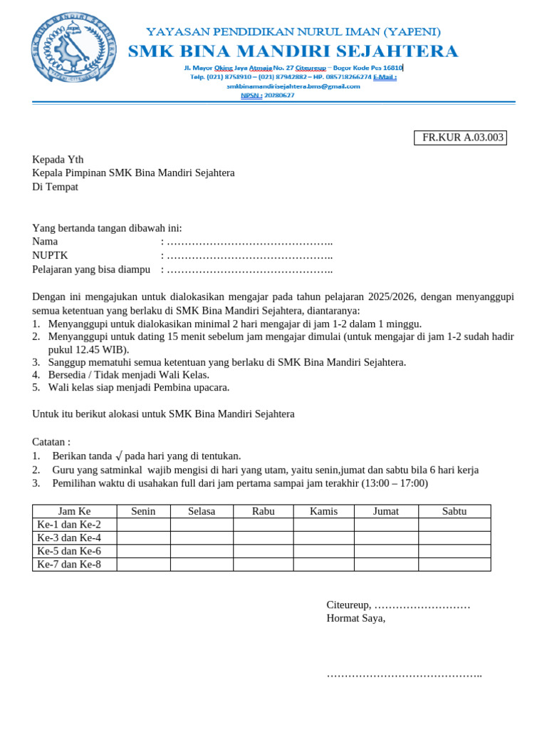 003 Form Kesiapan Mengajar SMK | PDF