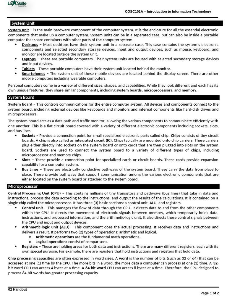 Lesson 2 - The System Unit | PDF | Central Processing Unit | Random Access Memory