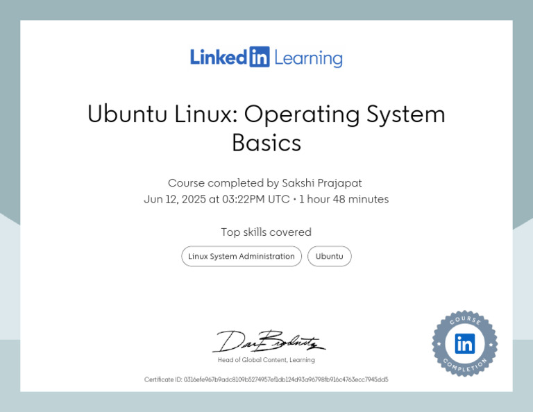 CertificateOfCompletion - Ubuntu Linux Operating System Basics | PDF