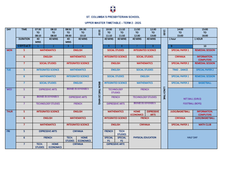 Upper Primary Term 2 Timetable 2025 | PDF