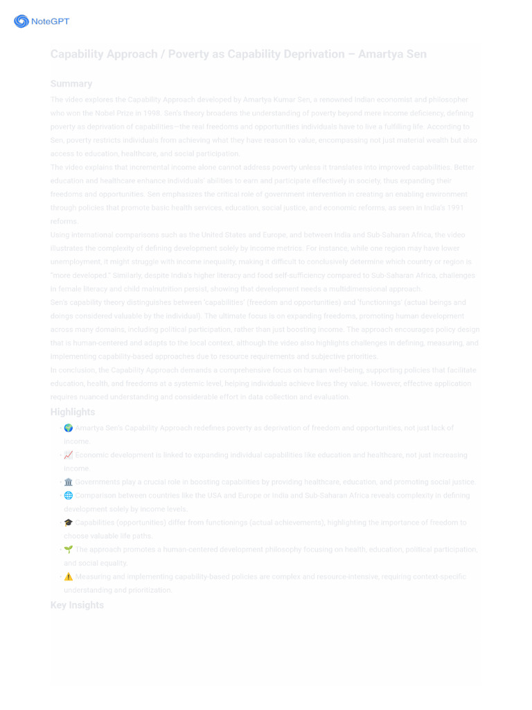 NoteGPT - Summary - Capability Approach - Poverty As Capability ...
