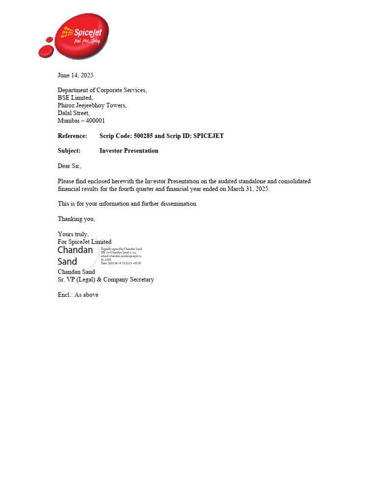 Chandan Sand: Reference: Scrip Code: 500285 and Scrip ID: SPICEJET ...