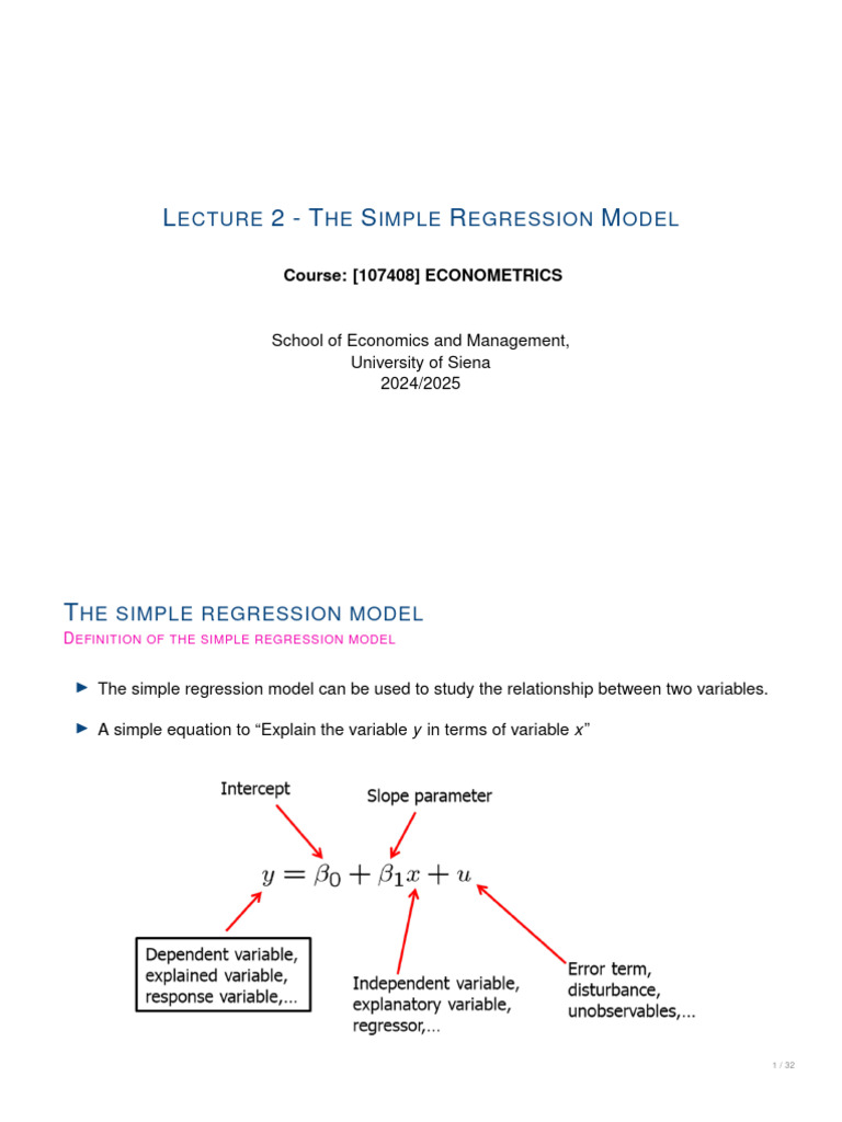 Econometrics Lecture 2 Simple Regression | PDF | Ordinary Least Squares | Linear Regression