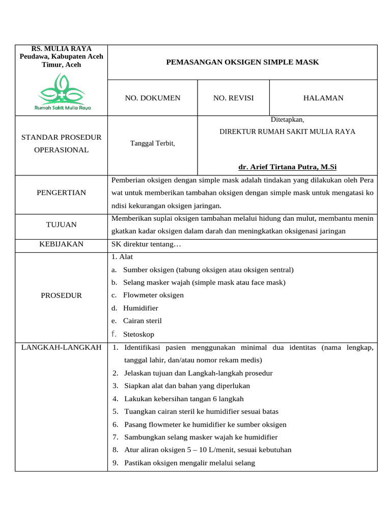 SPO Pemasangan Oksigen Simple Mask | PDF