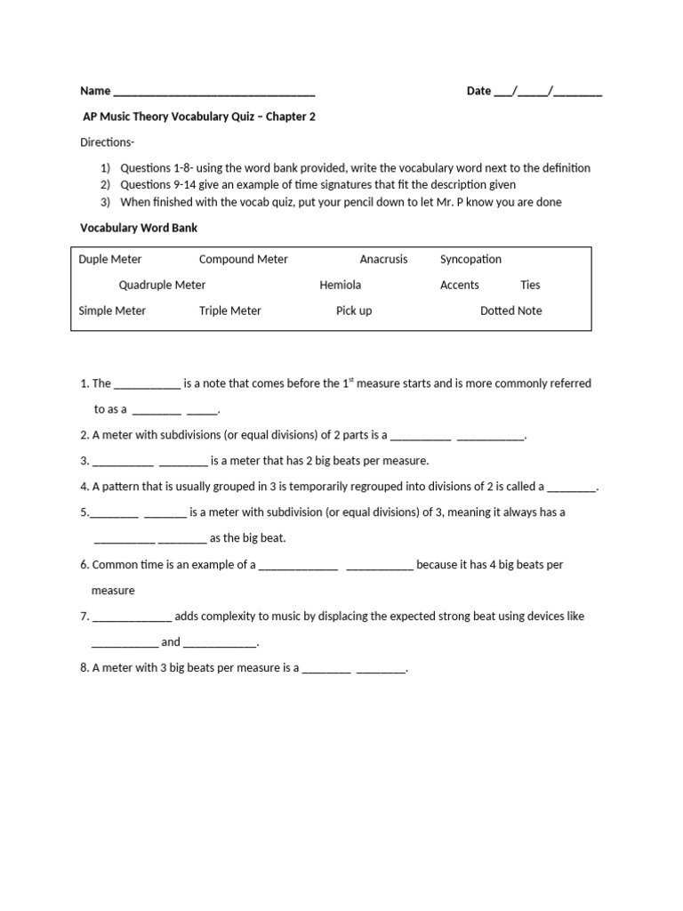 AP Music Theory Chapter 2 Vocabulary Quiz | PDF