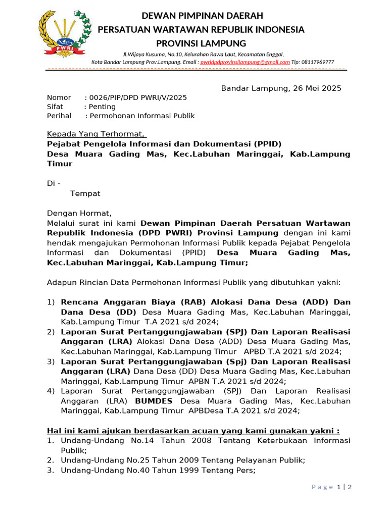 Permohonan Informasi Publik Desa Sukajaya Lempasing | PDF