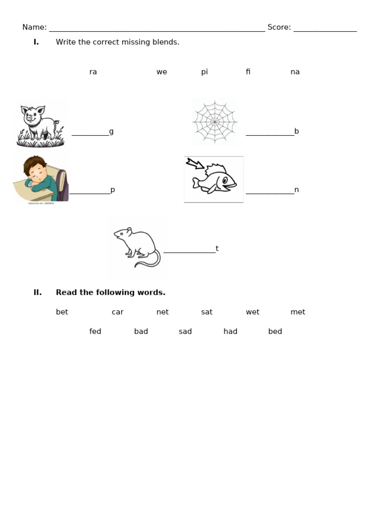 Blends and Reading Practice Worksheet | PDF