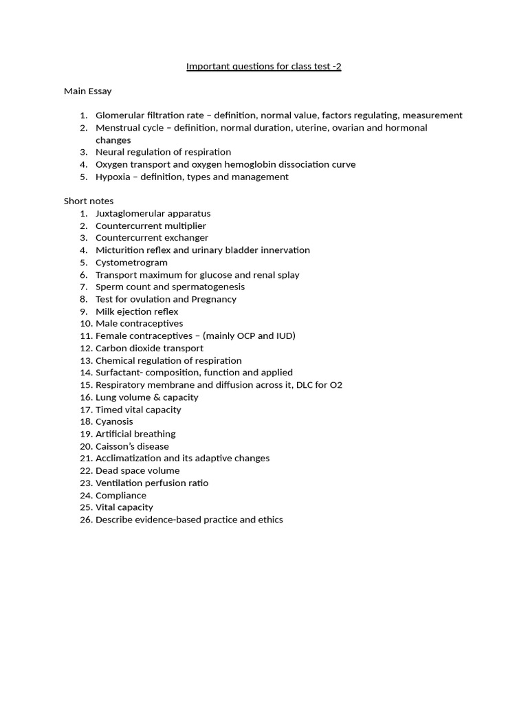 Important Questions For Class Test 2 | PDF