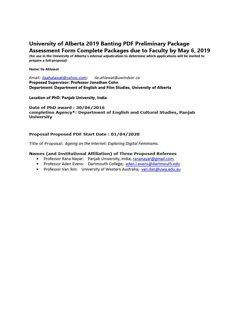 University of Alberta 2019 Banting PDF Preliminary Package Application | PDF