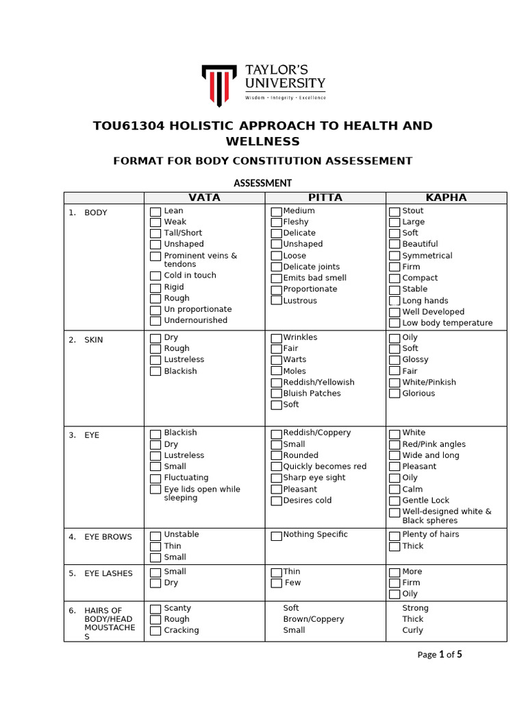 Body Constitution Holistic Health and Wellness Assesment | PDF
