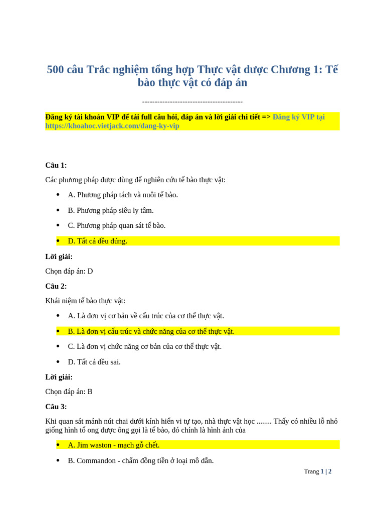 500 Cau Trac Nghiem Tong Hop Thuc Vat Duoc Chuong 1 Te Bao Thuc Vat Co ...