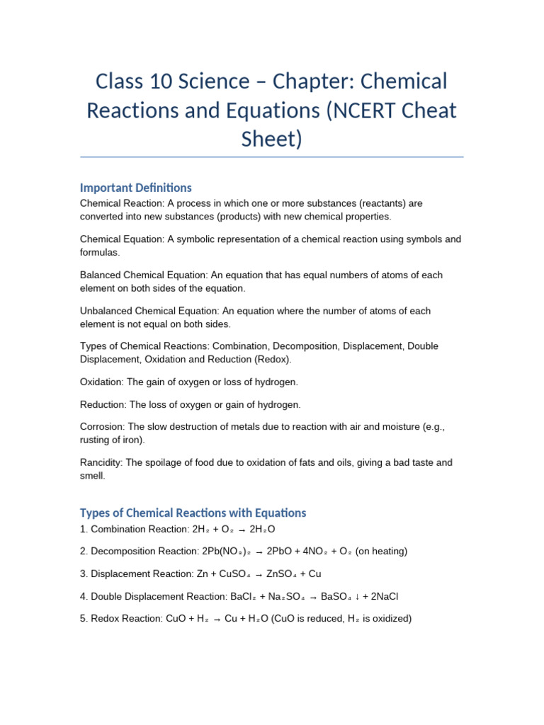 Chemical Reactions and Equations Cheat Sheet Class10 | PDF
