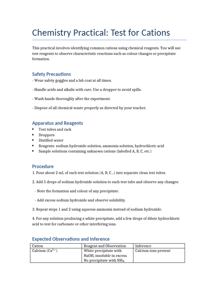 Chemistry Practical Cations | PDF | Precipitation (Chemistry) | Sodium Hydroxide