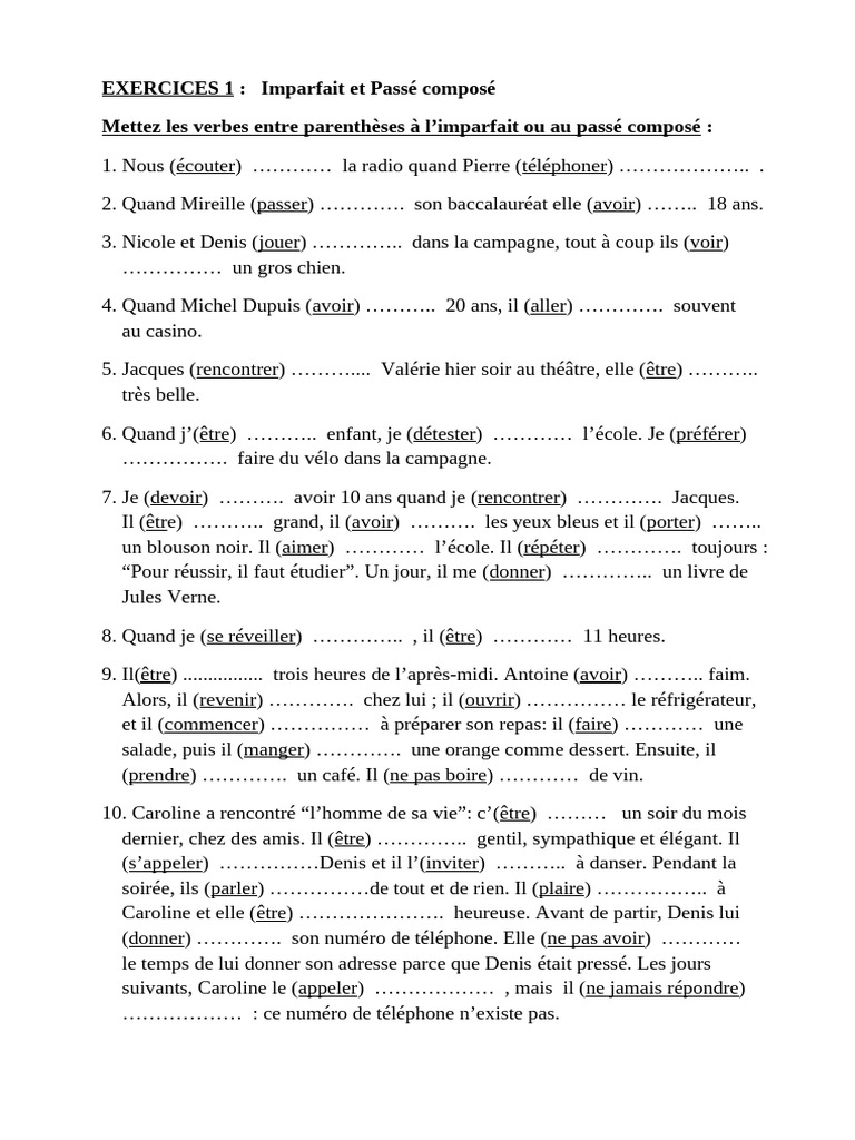 Exercices sur l'imparfait et passé composé | PDF