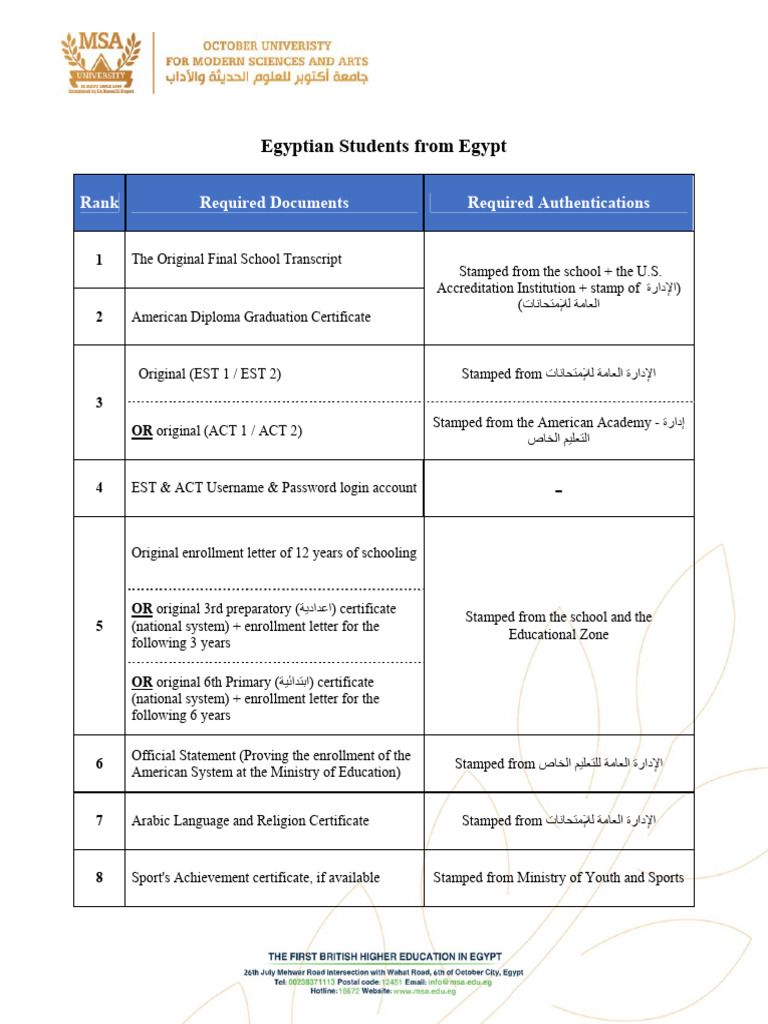 Egyptian Student Document Requirements | PDF