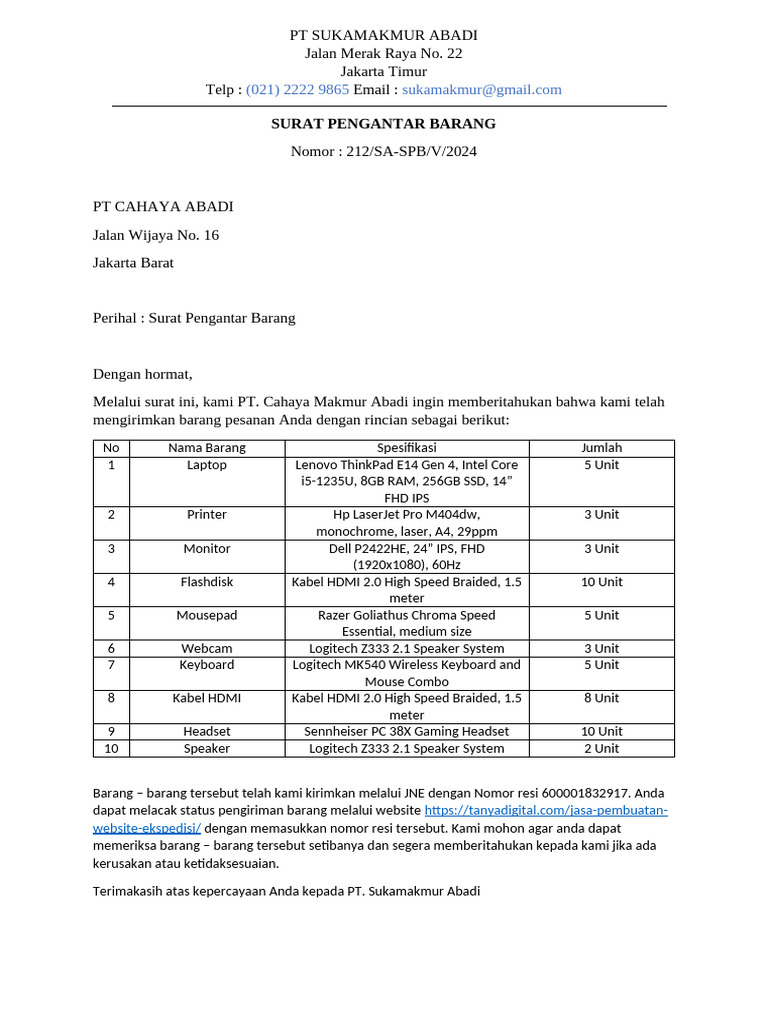 Surat Pengantar Barang | PDF