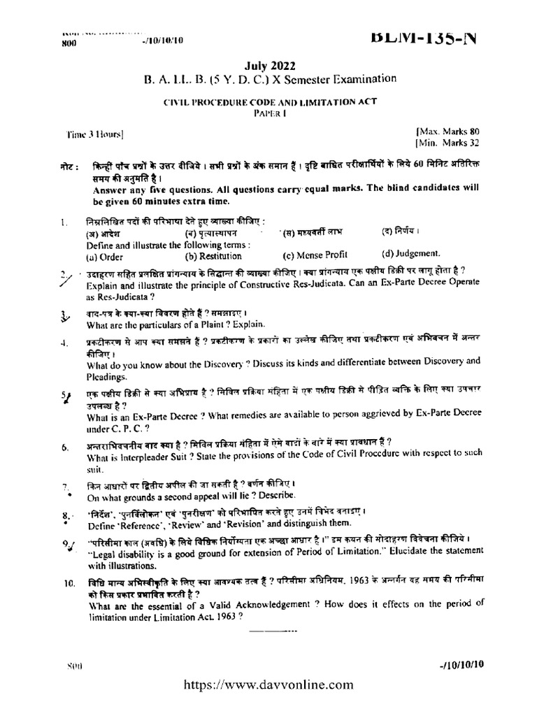 Ballb 10 Sem Civil Procedure Code and Limitation Act BLM 135 N Jul 2022 ...