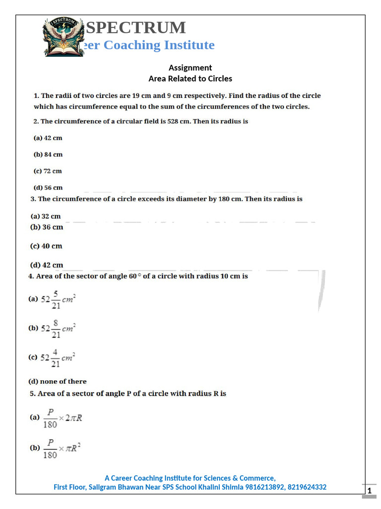 Assignment of Area Related To Circles | PDF