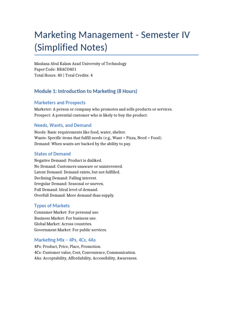 Marketing Management Module 1 Notes | PDF | Marketing | Demand