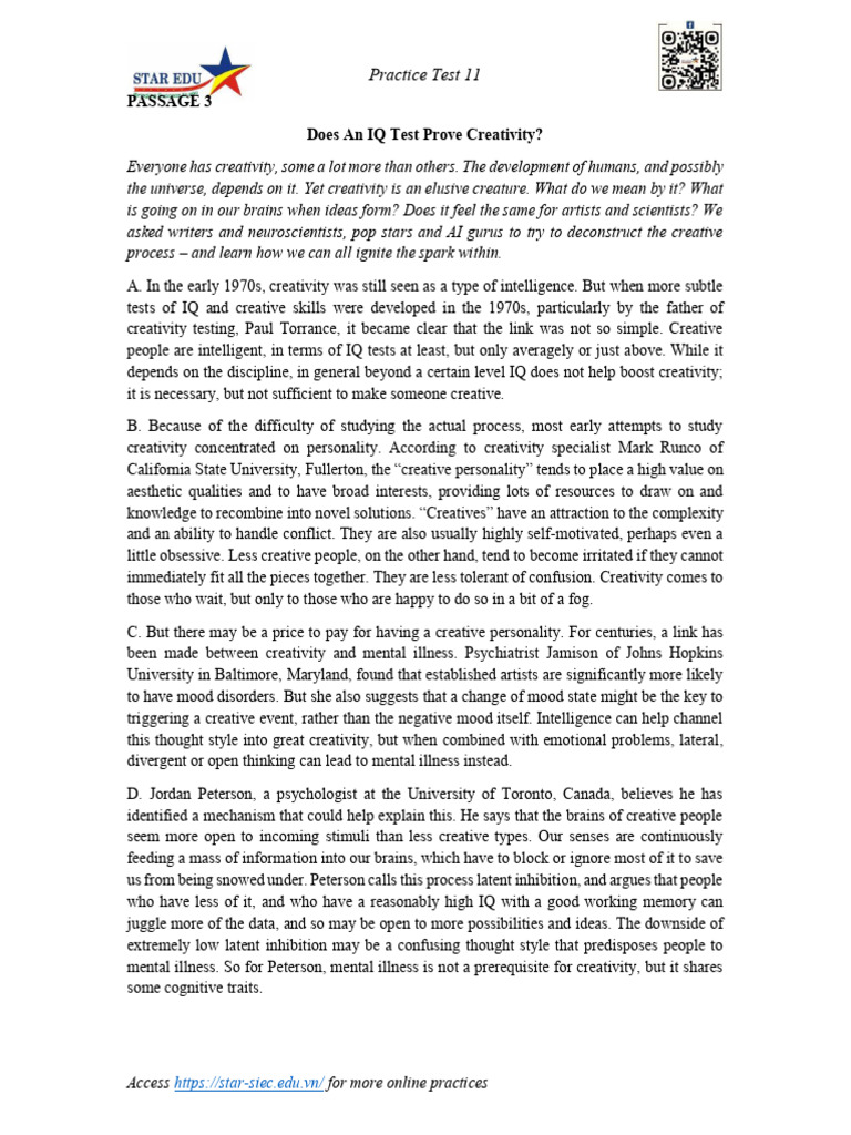 Reading Practice 11 Passage 3 | PDF | Creativity | Intelligence Quotient