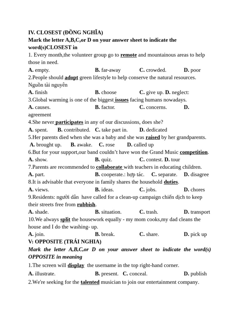 Closest and Opposite Meaning | PDF