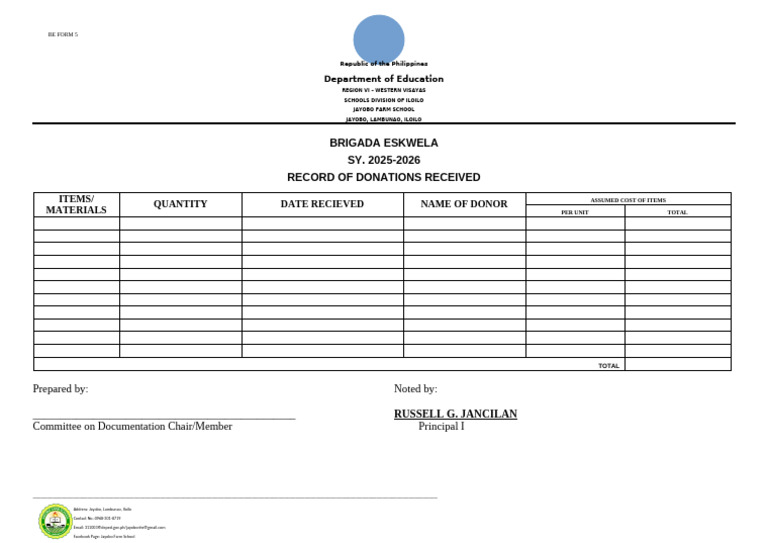Brigada Eskwela Form 5 Records Of Donations Received Pdf