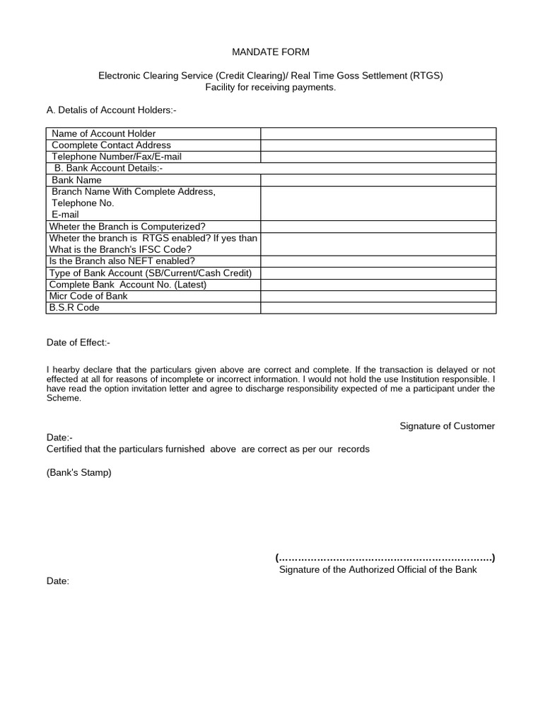Bank Mandate Form for ECS/RTGS | PDF