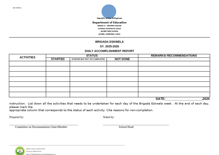 Brigada Eskwela Form 6 Daily Accomplishment Report | PDF