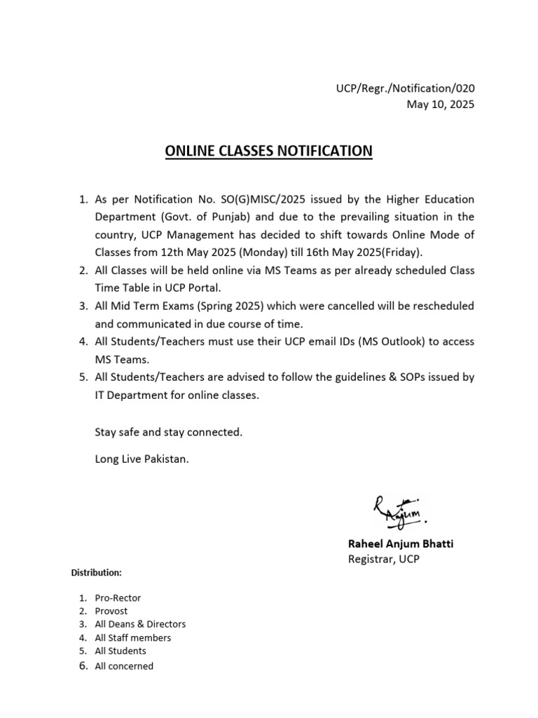 UCP Online Classes Notification May 2025 | PDF