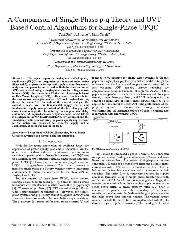 A Comparison of Single-Phase P-Q Theory and UVT Based Control Algorithms For Single-Phase UPQC ...