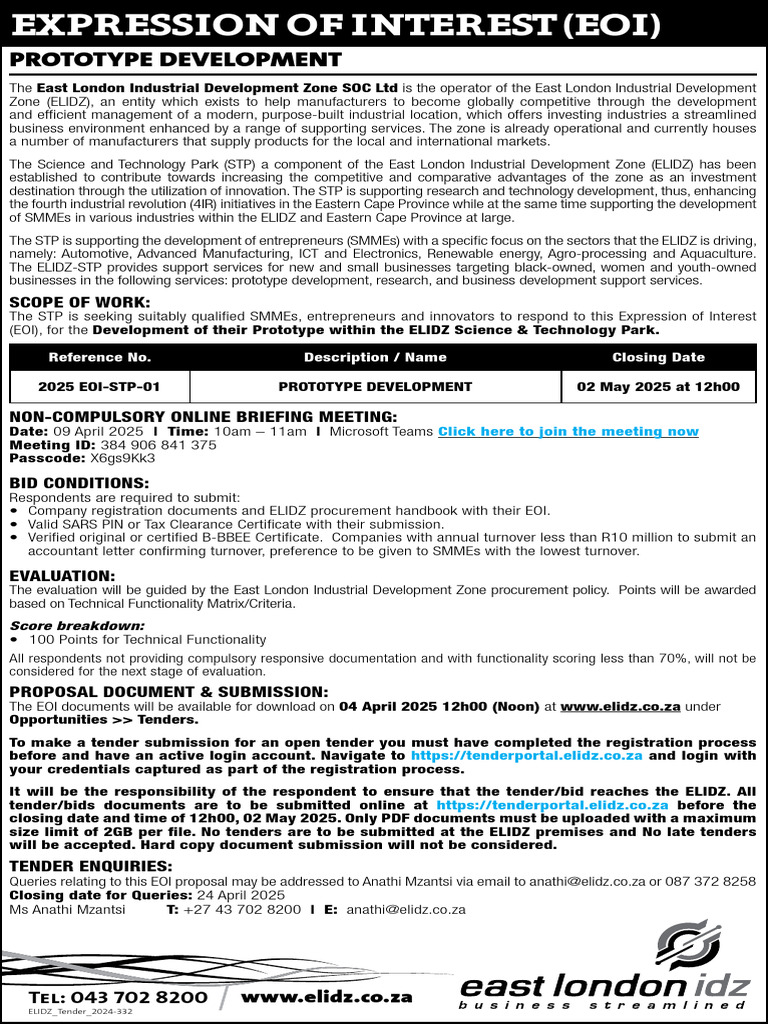 ELIDZ Tender 332 EOI Prototype Dev 2025 Online | PDF