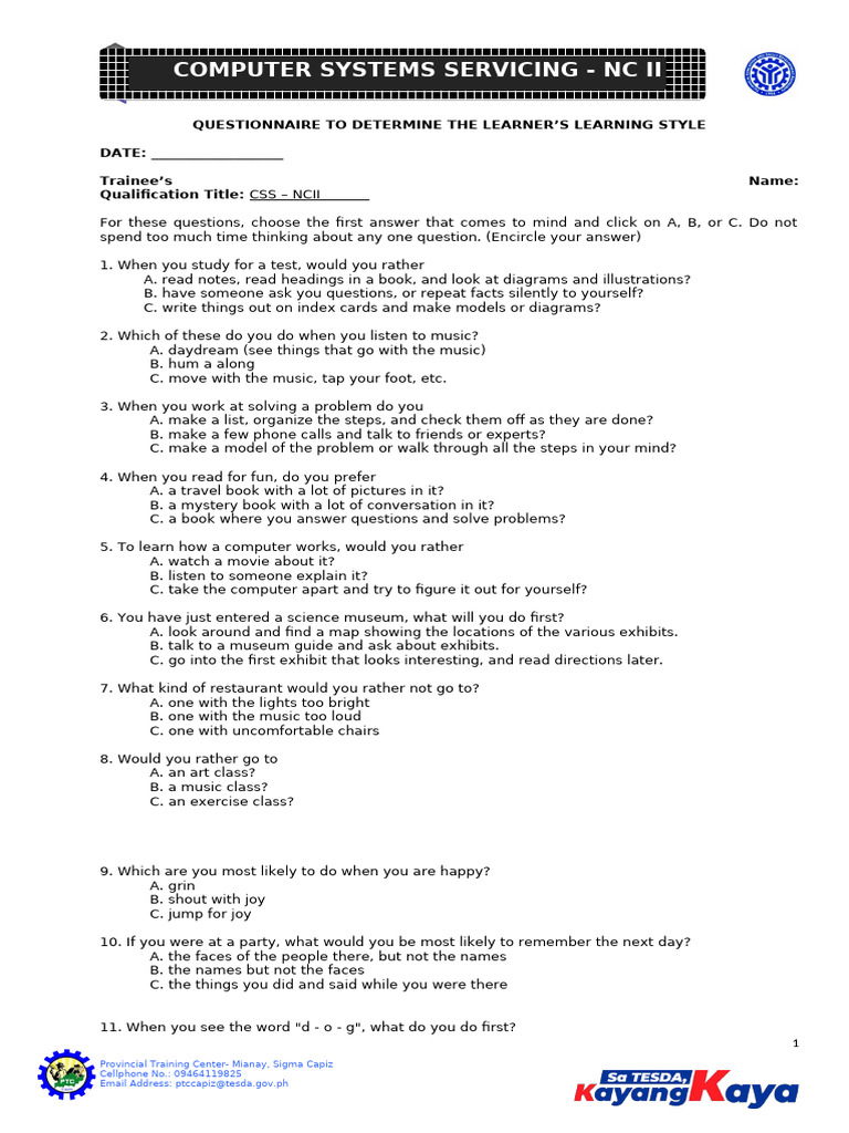 Questionnaires To Determine The Learners Learning Style | PDF ...