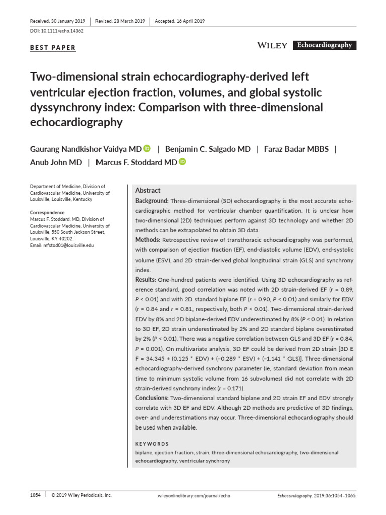 42 - Two-dimensional Strain Echocardiography-Derived Left Ventricular Ejection Fraction, Volumes ...