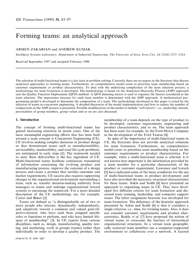 Forming Teams: An Analytical Approach: IIE Transactions | PDF | Matrix ...