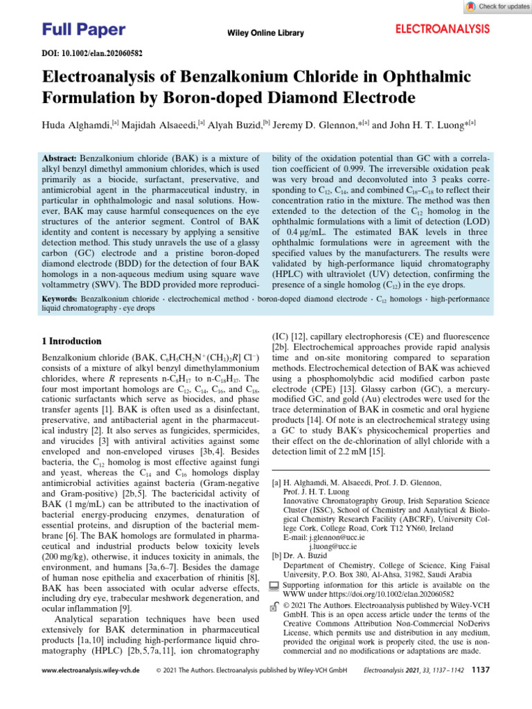 Electroanalysis - 2021 - Alghamdi - Electroanalysis of Benzalkonium ...