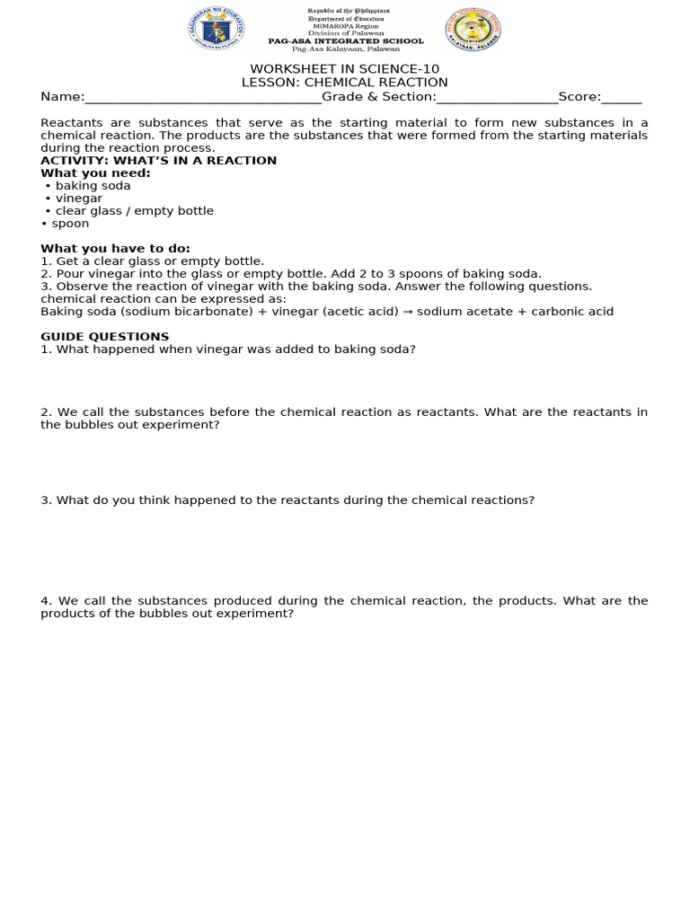 Worksheet in Science-10 Chemical Reaction | PDF